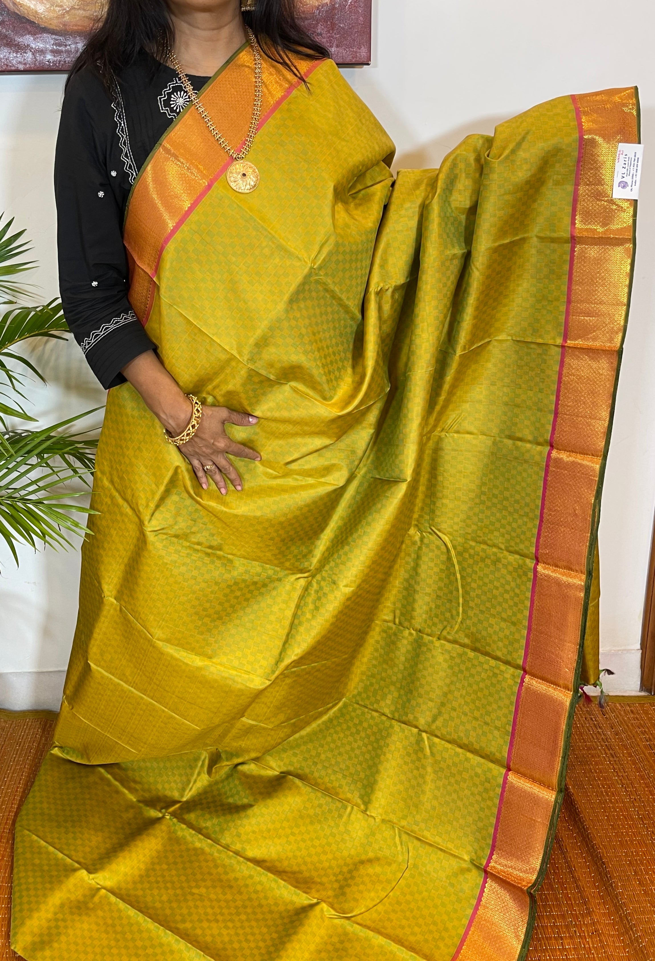 Green and Yellow and Pink Kanjivaram Mat Design Silk Saree – VAL Zaris